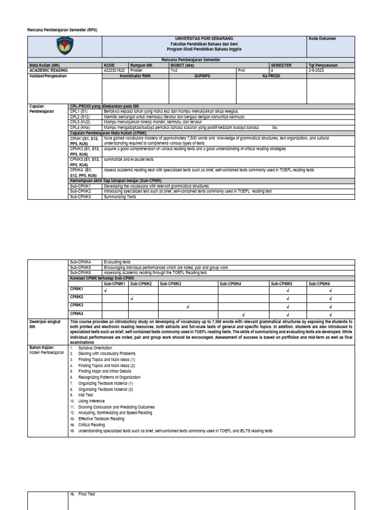4.1 RPS OBE - Academic READING | PDF
