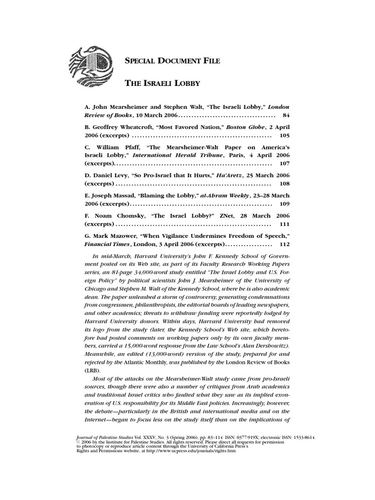 Mearsheimer - Walt - THE ISRAELI LOBBY | PDF