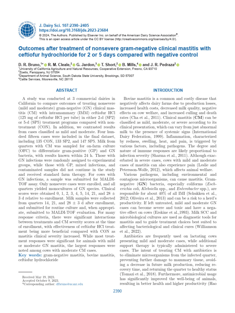 Outcomes After Treatment of Nonsevere Gram-Negative Clinical Mastitis ...