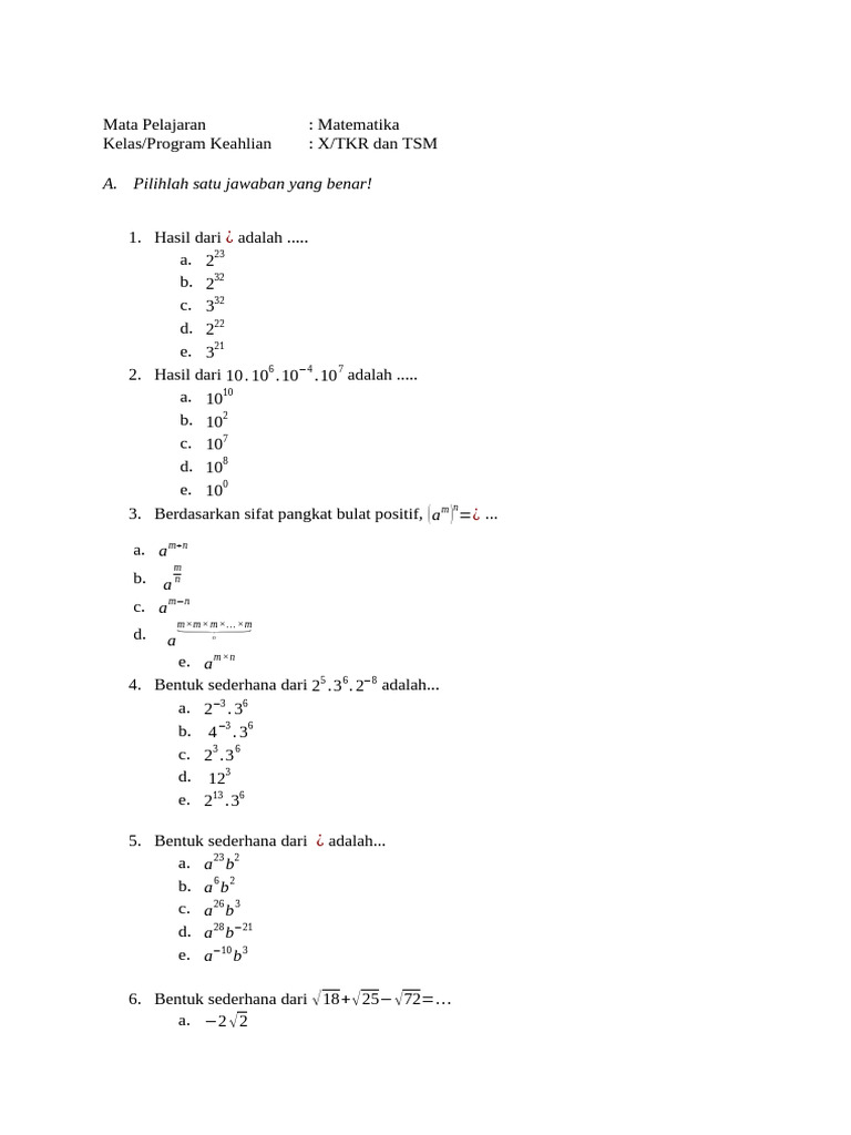 SOAL MTK KELAS X SEM GANJIL | PDF