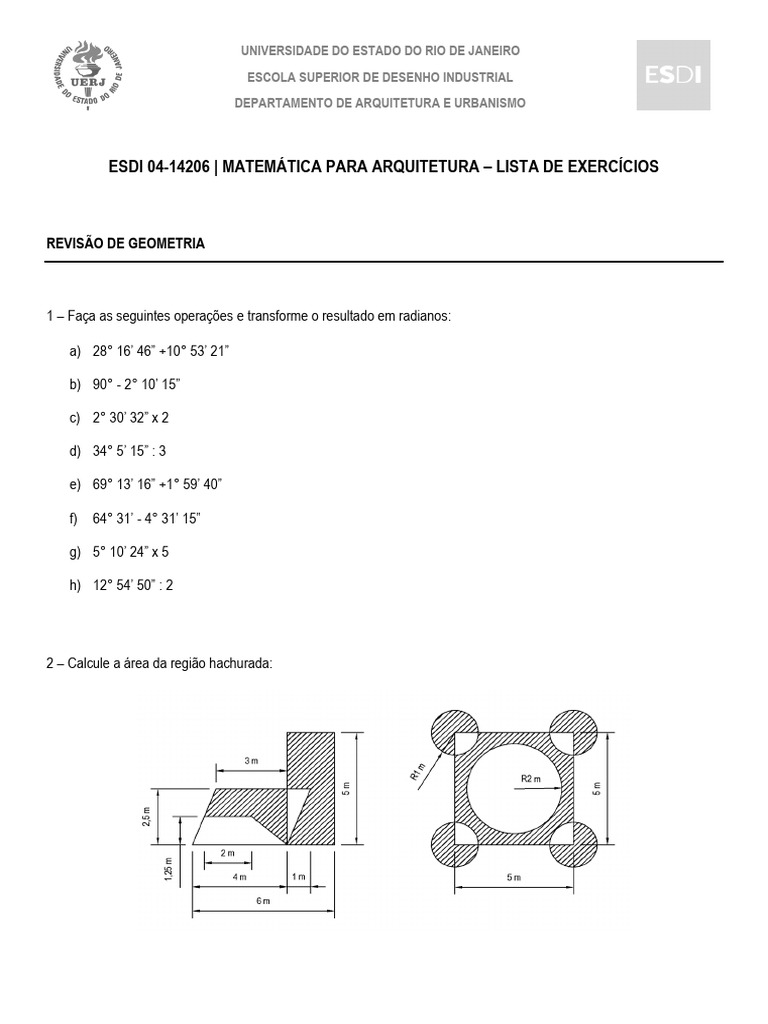 Matem-Tica para Arquitetura - Lista de Exerc-Cios | PDF
