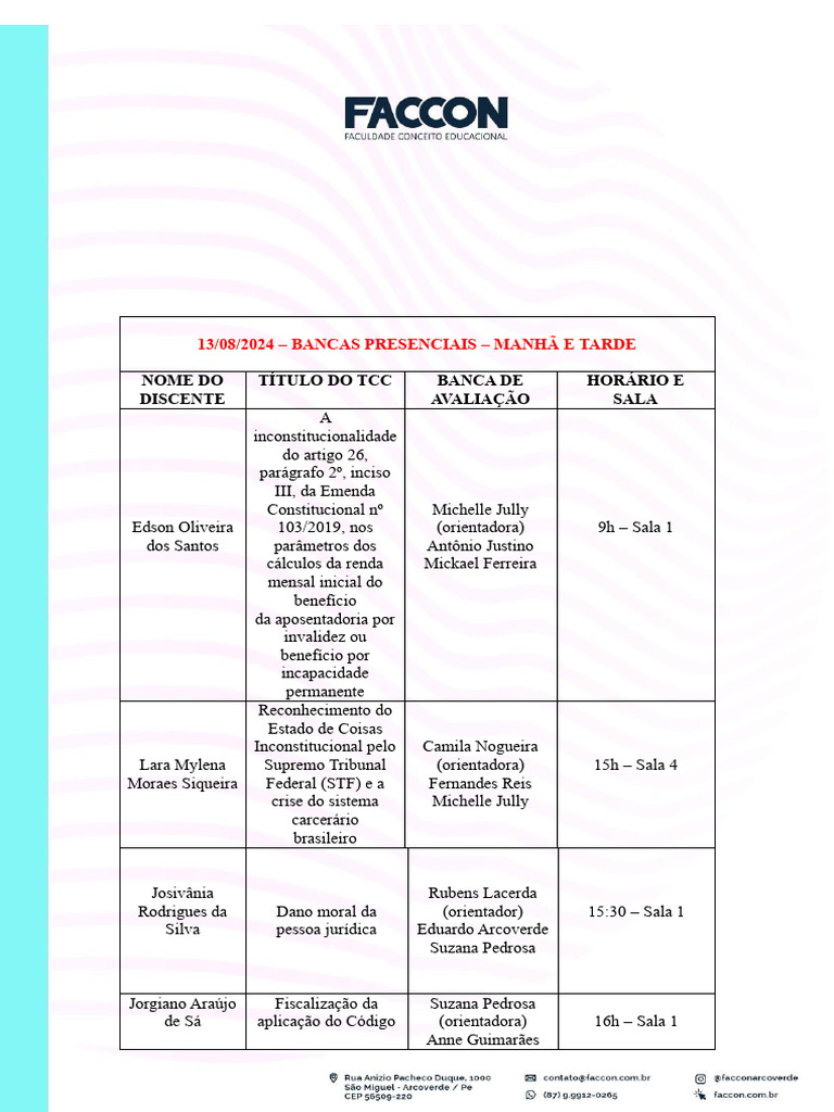 Cronograma das defesas de TCCs_Faccon (1) | PDF