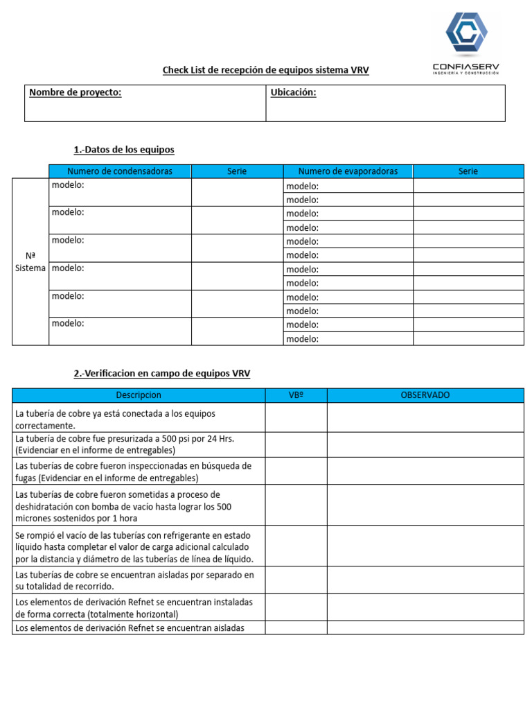 Check List de Recepción de Equipos Sistema VRV | PDF