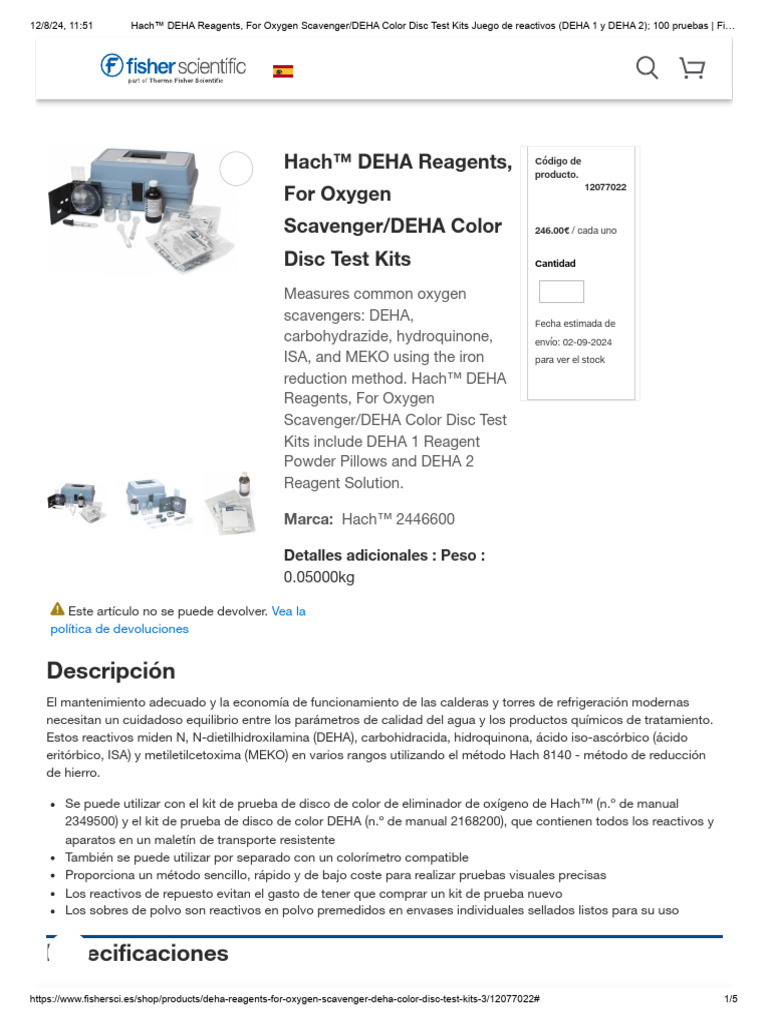 Hach™ DEHA Reagents, For Oxygen Scavenger - DEHA Color Disc Test Kits ...