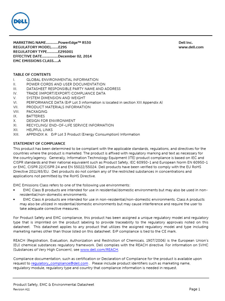 Dell Poweredge r530, E29s, E29s001, Dell Regulatory and Environmental ...