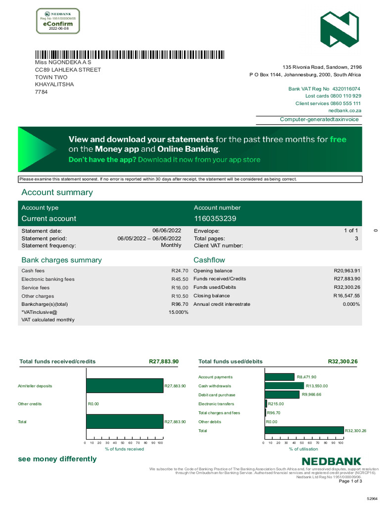Nedbank Monthly Account Statement | PDF | Debit Card | Banks