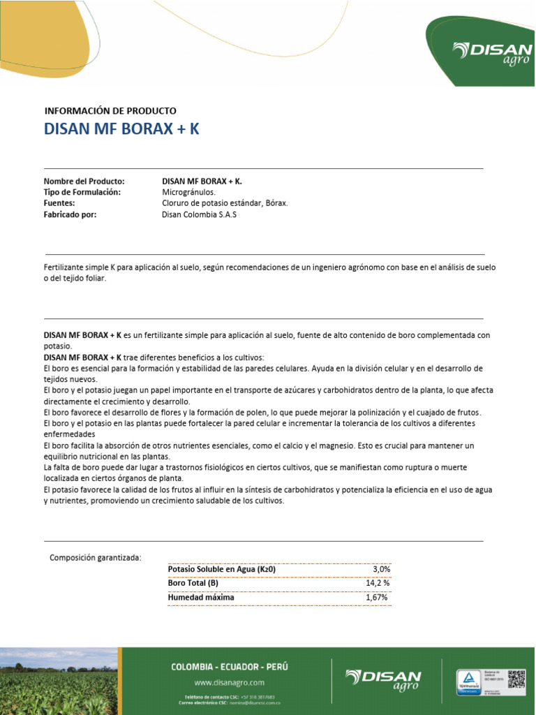 Ficha Técnica Disan MF Borax + K | PDF