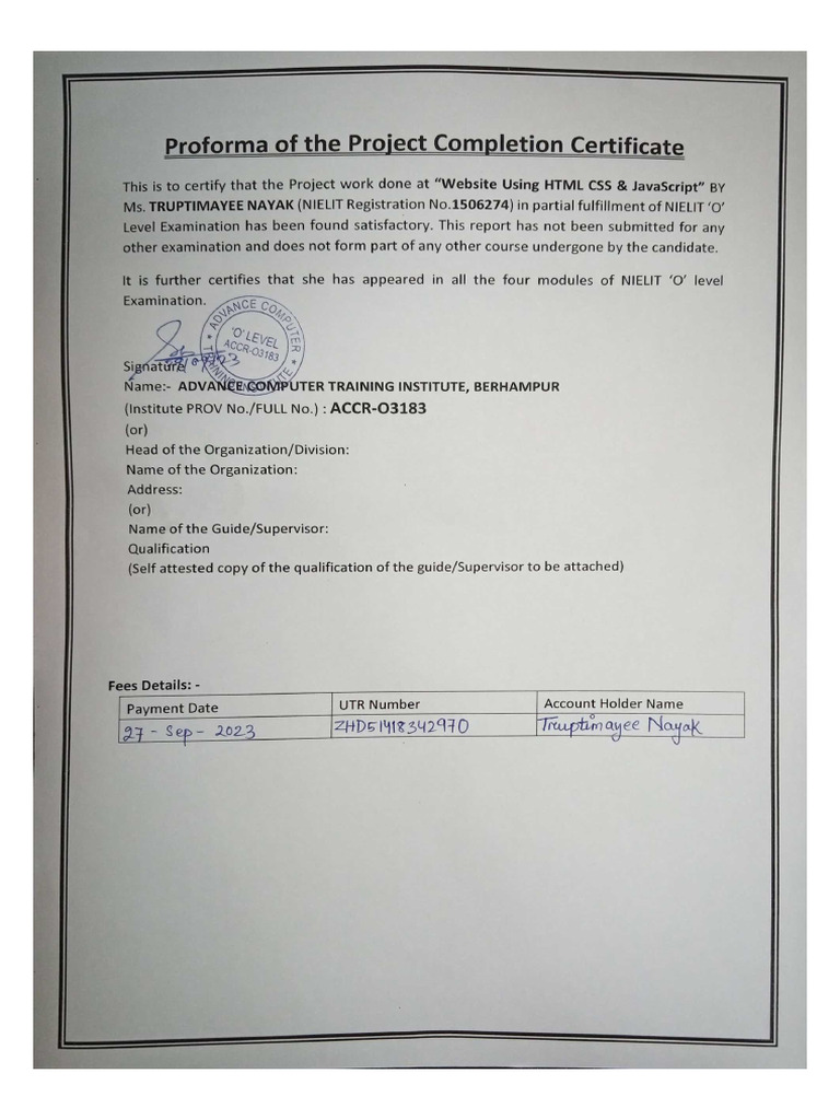 Project Completion Certificate | PDF