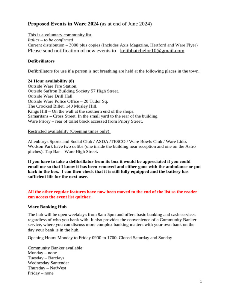 Proposed Events in Ware 2024 (As at End of June 2024) : Italics - To Be ...
