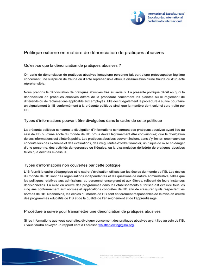 IB External Whistleblowing Policy - French | PDF