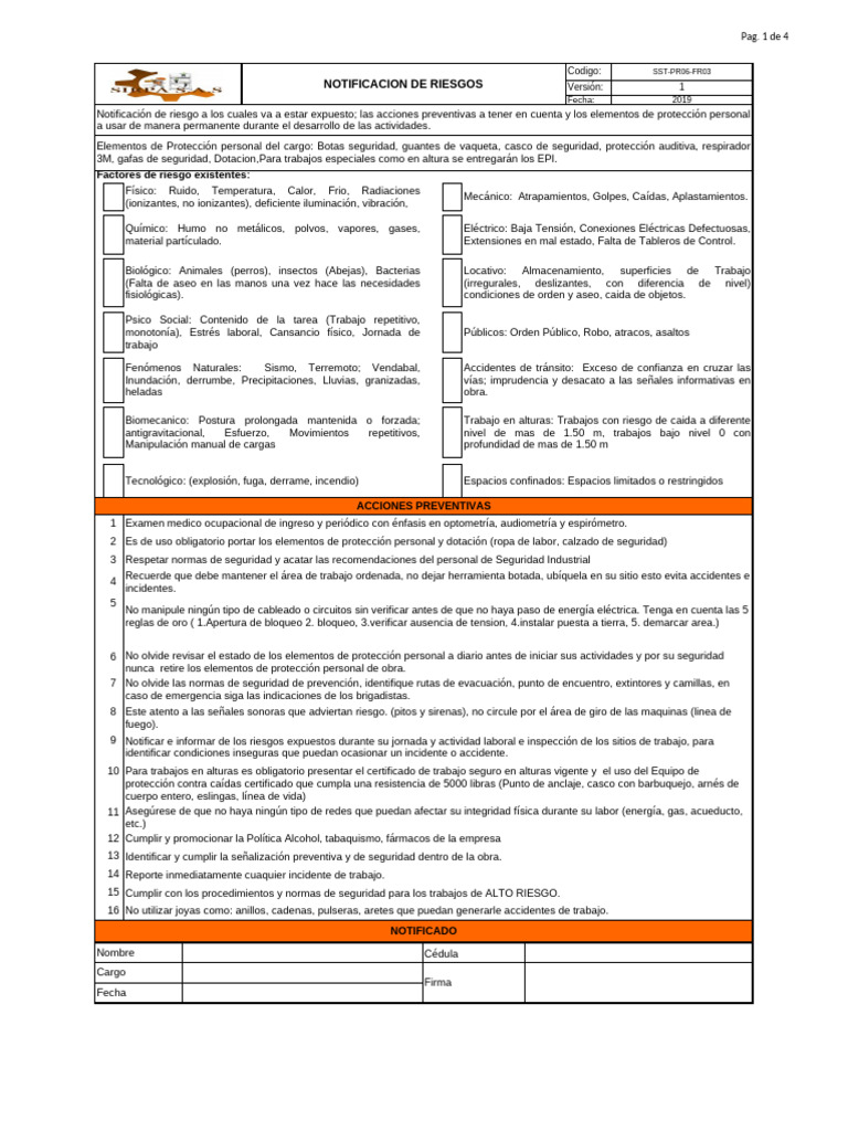 SST-PR06-FR03 Notificacion de Riesgos | PDF