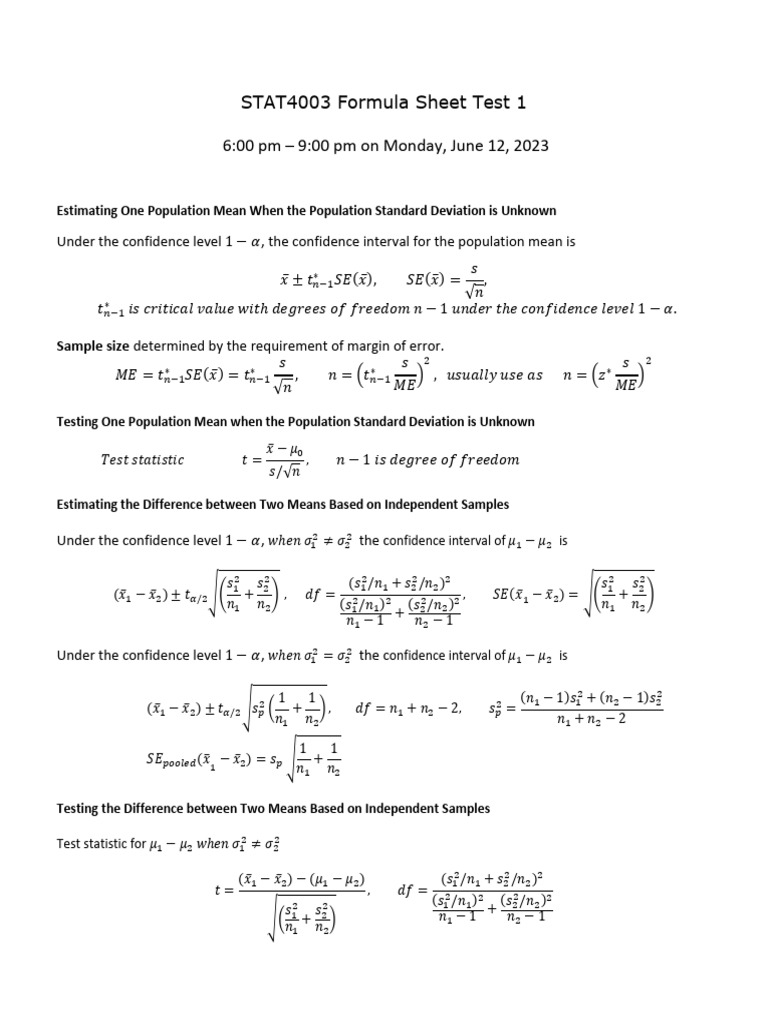 FormulaSheet Test 1 | PDF