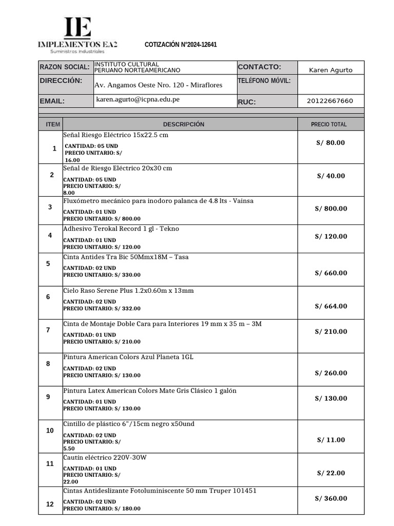 Cotización N°2024-12641 Instituto Cultural Peruano Norteamericano | PDF