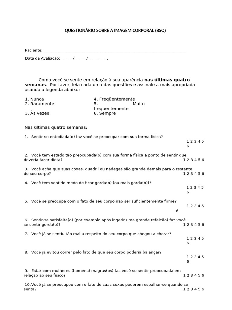 Avaliação de Imagem Corporal BSQ | PDF | Self-Improvement