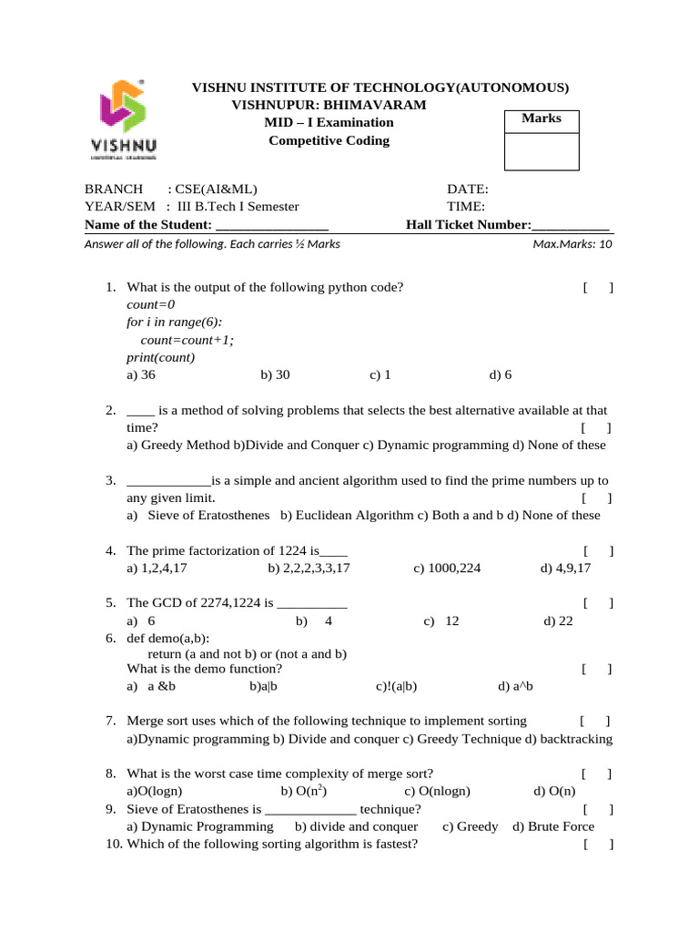 Competitive Coding Mid I Exam _ AI&ML III Year Set 1 | PDF