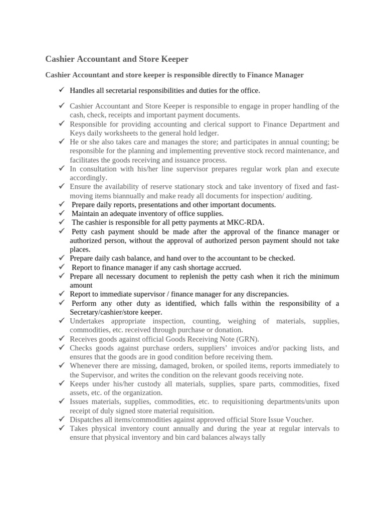 Cashier Accountant and Store Keeper | PDF