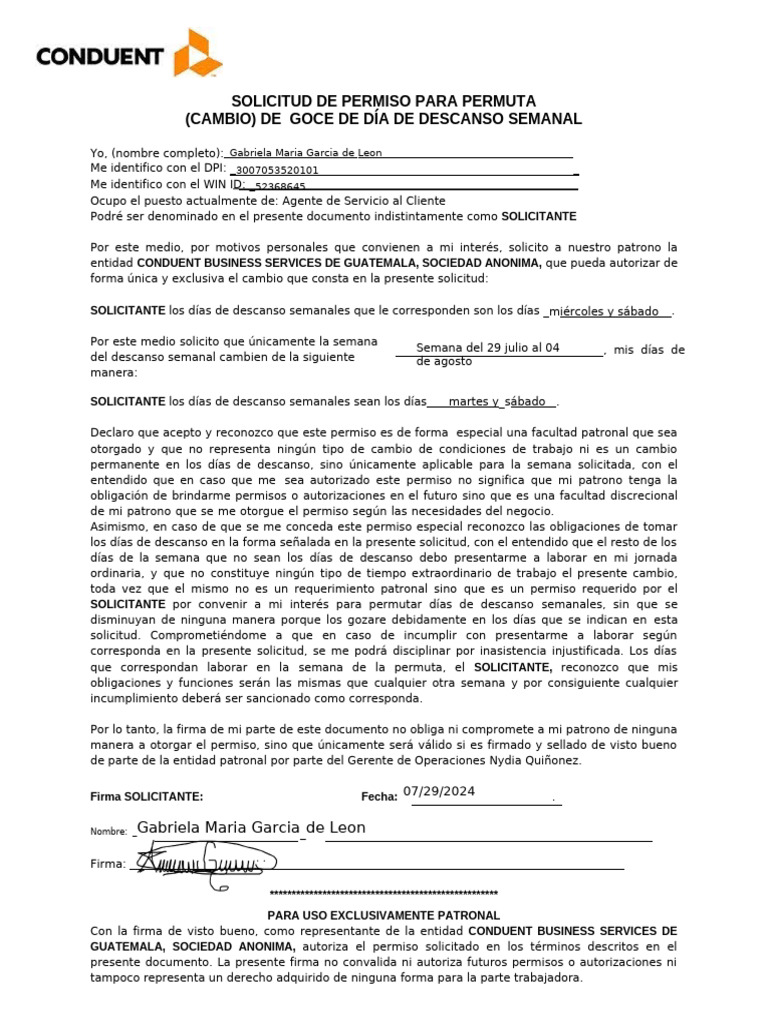 Solicitud de Permiso para Permuta - Gabriela Garcia 99999 | PDF