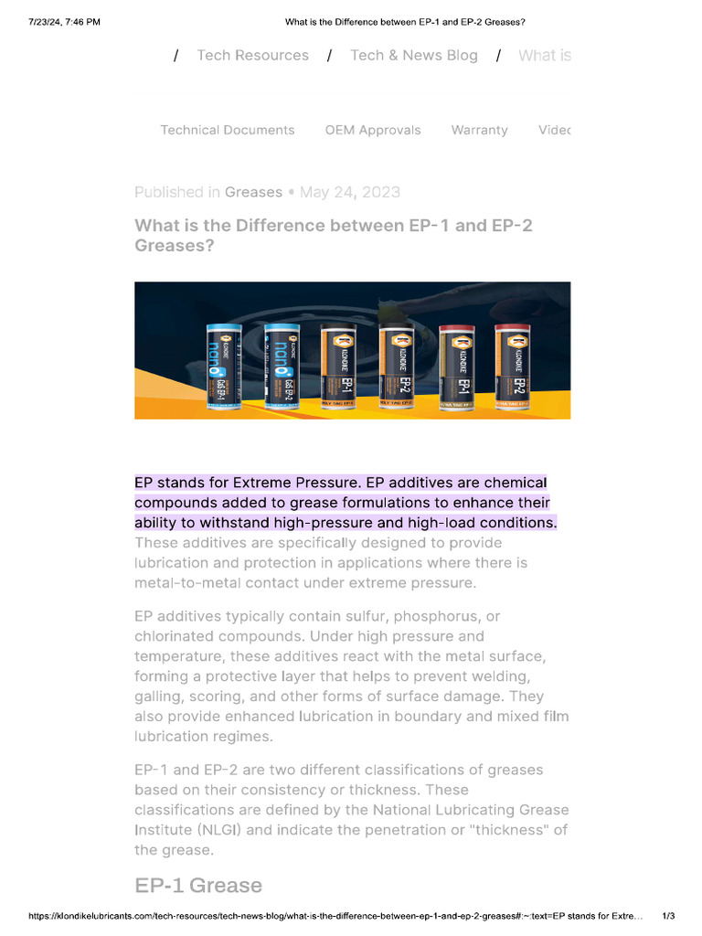 The Difference Between EP-1 and EP-2 Greases | PDF