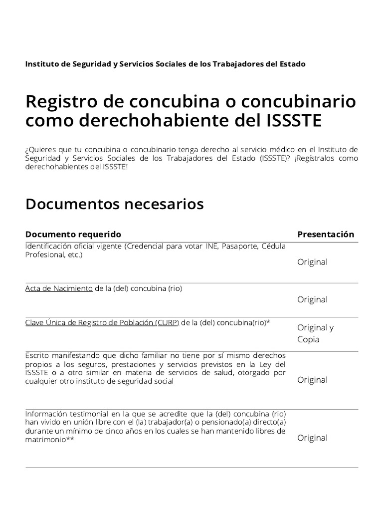 Registro de Concubina o Concubinario Como Derechohabiente Del - Gob ...
