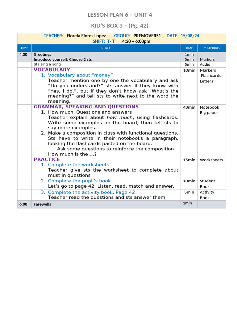 LESSON PLAN 6 - Premovers 1 - Unit4 - Money How Much Coins | PDF