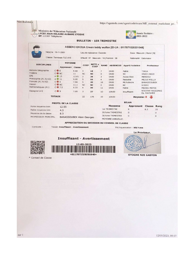 Bulletin 1er Trimestre Tle A1e | PDF