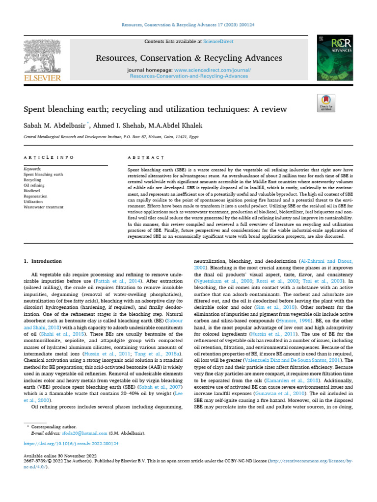 11 Spent bleaching earth; recycling and utilization techniques- A ...