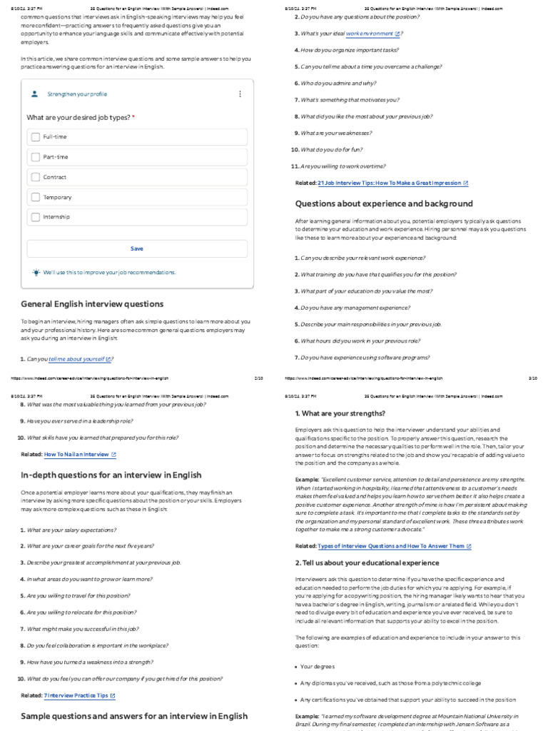 35 Questions For An English Interview (With Sample Answers) | PDF