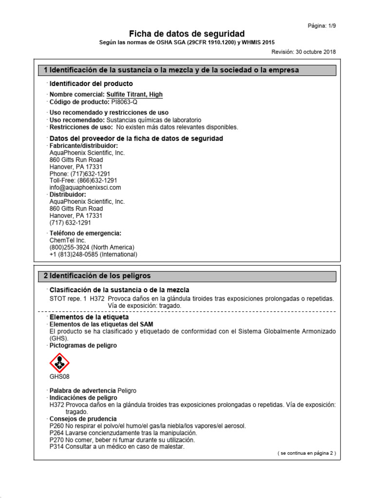 Ficha de Seguridad: Sulfite Titrant | PDF