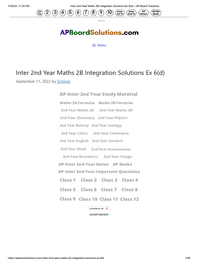 Inter 2nd Year Maths 2B Integration Solutions Ex 6 (D) - AP Board ...