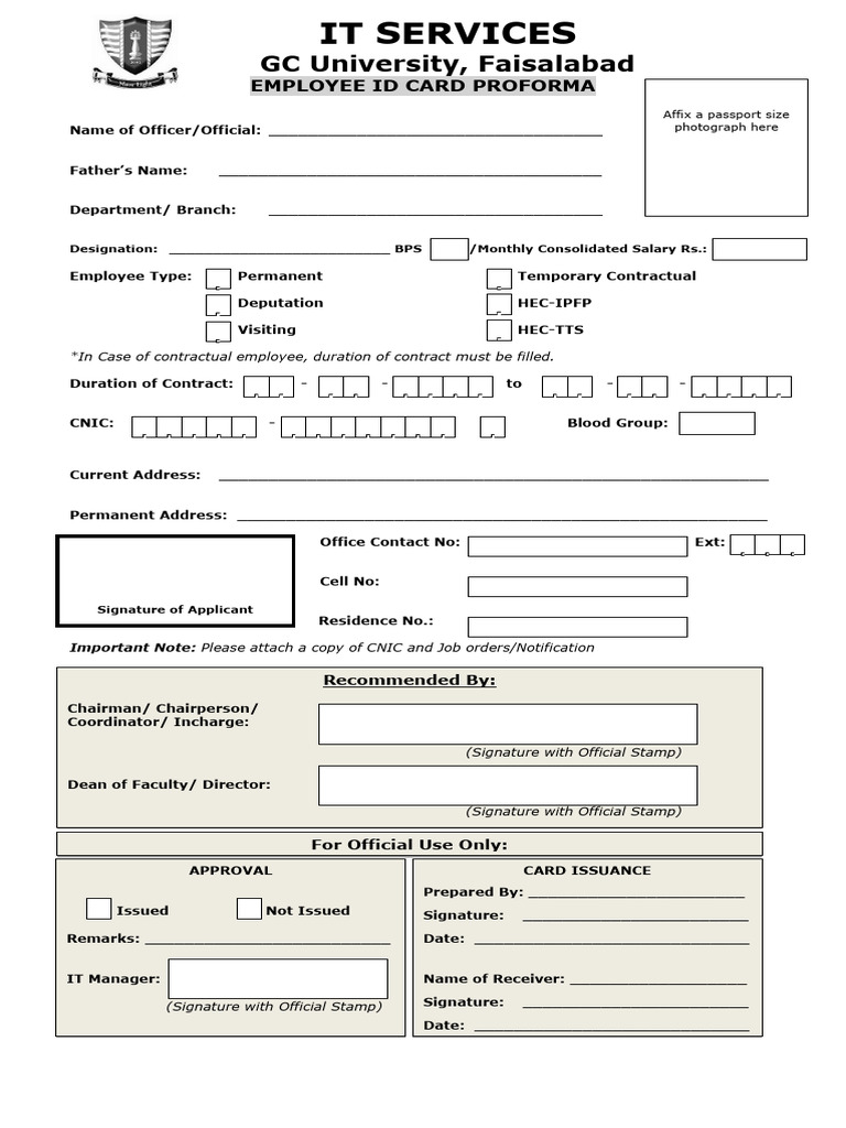 ID Card Proforma (For Employees) GC University Faisalabad | PDF