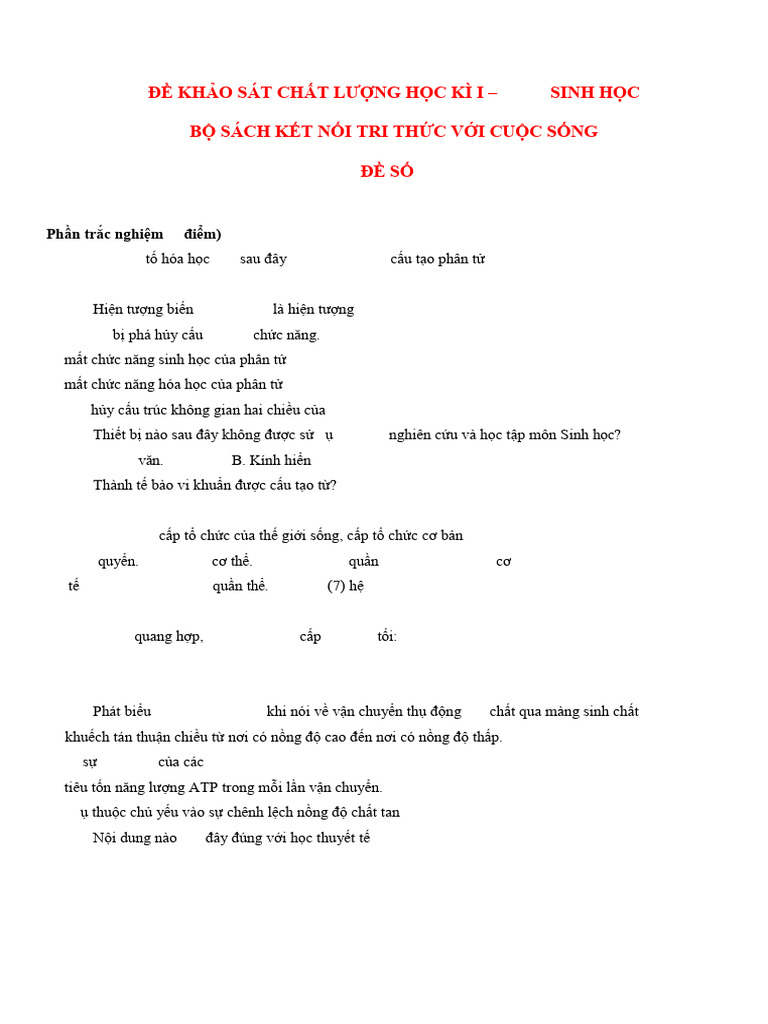 Đề Thi Học Kì 1 Môn Sinh Lớp 10 KNTT | PDF