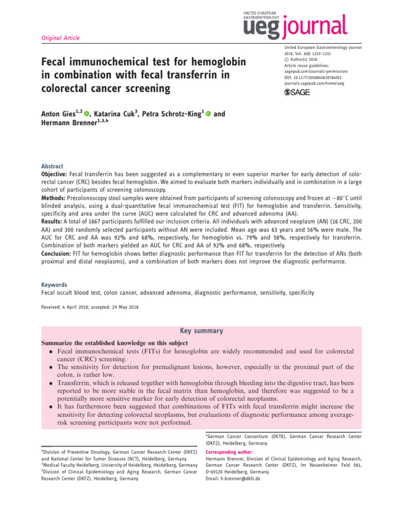 Fecal Immunochemical Test For Hemoglobin in Combination With Fecal ...
