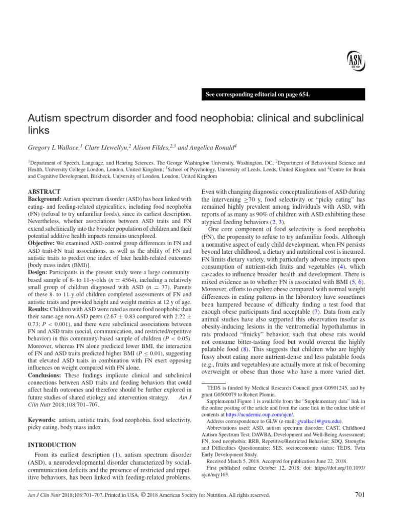 Autism Spectrum Disorder and Food Neophobia Clinical and Subclinical | PDF