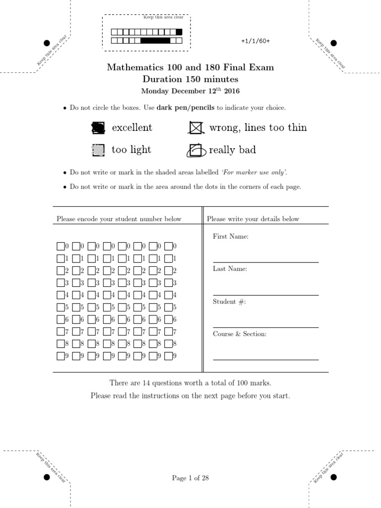 Mathematics 100 and 180 Final Exam Duration 150 Minutes | PDF