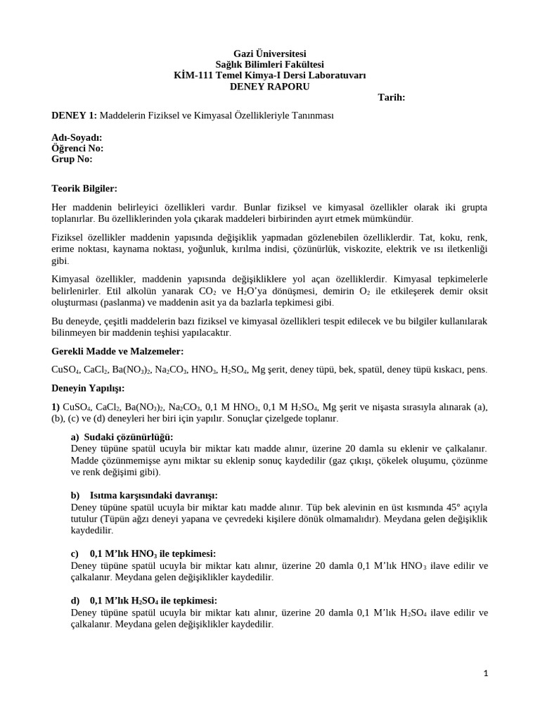 Deney-Maddelerin Fiziksel Ve Kimyasal Özellikleriyle Tanınması-DENEY ...