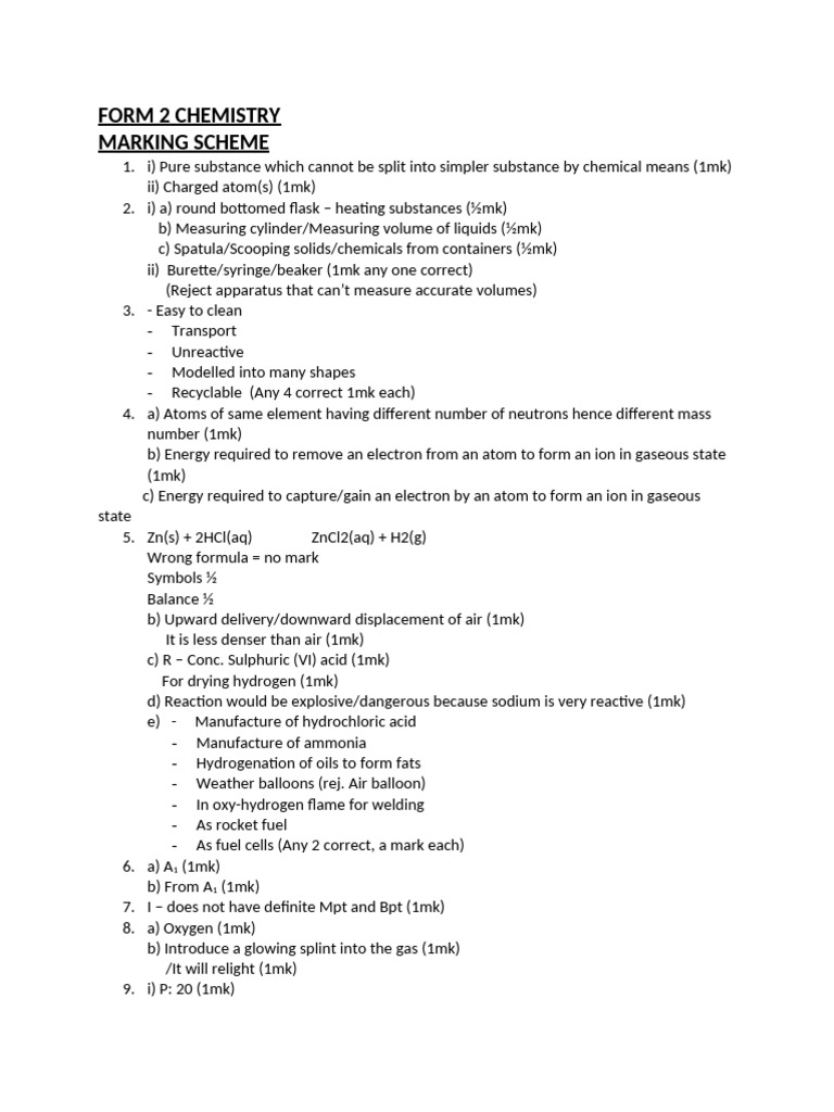 Chemistry f2 Marking Scheme | PDF