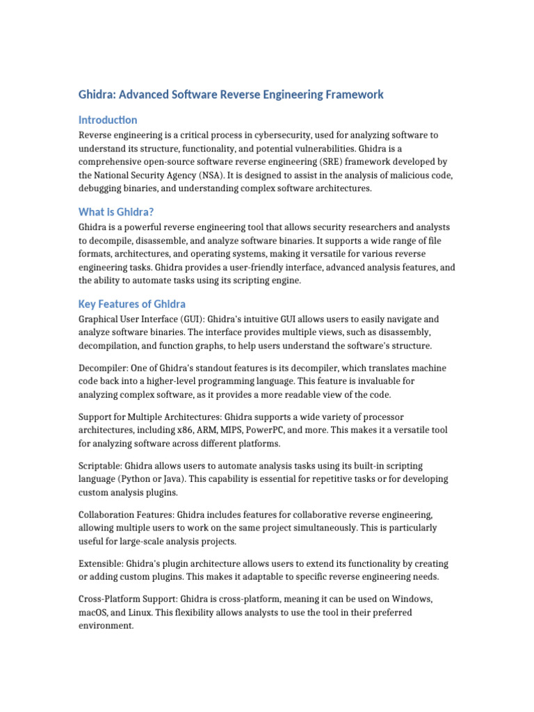 Ghidra Advanced Software Reverse Engineering Framework | PDF