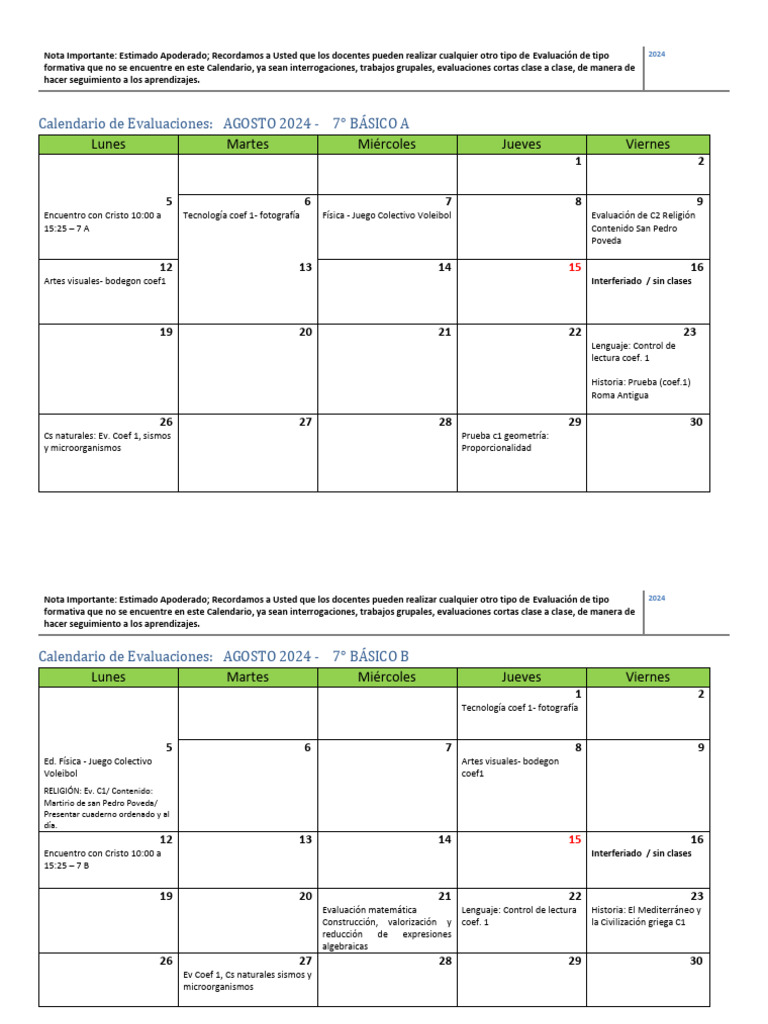 Calendario 2do Ciclo Agosto | PDF