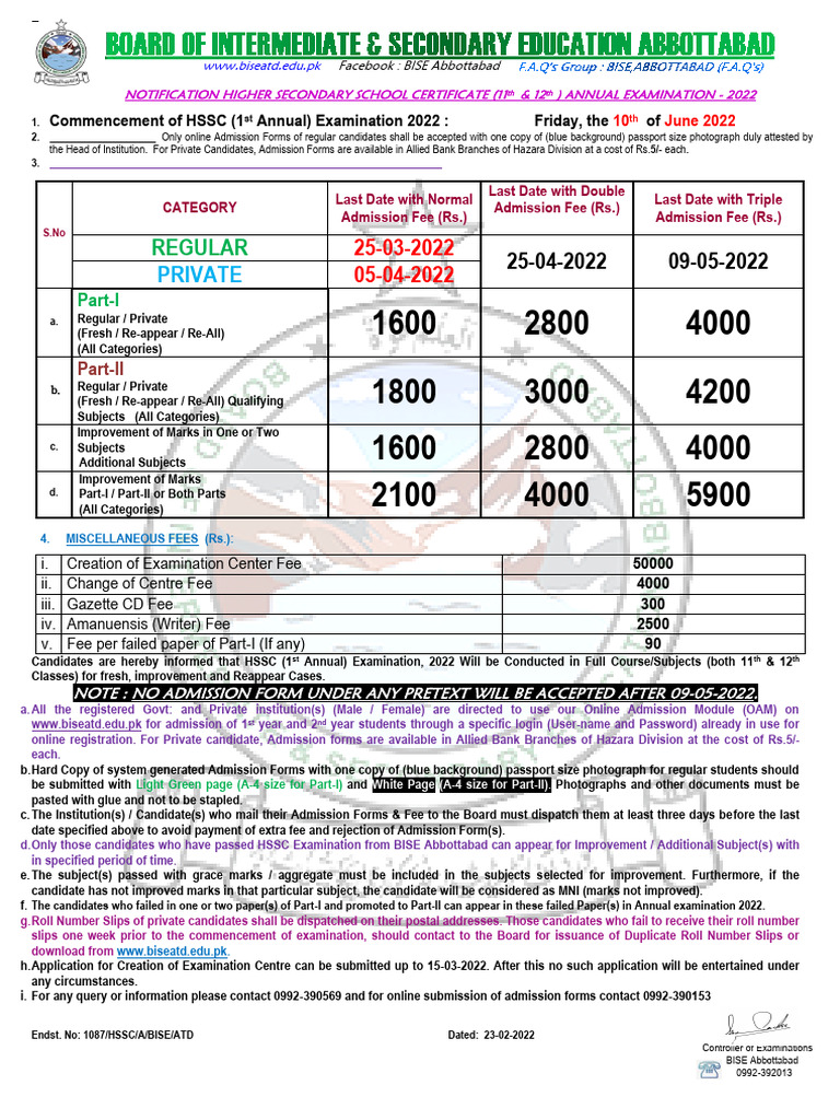 NOTIFICATION - HSSC - ANNUAL - Examination - 2022 | PDF