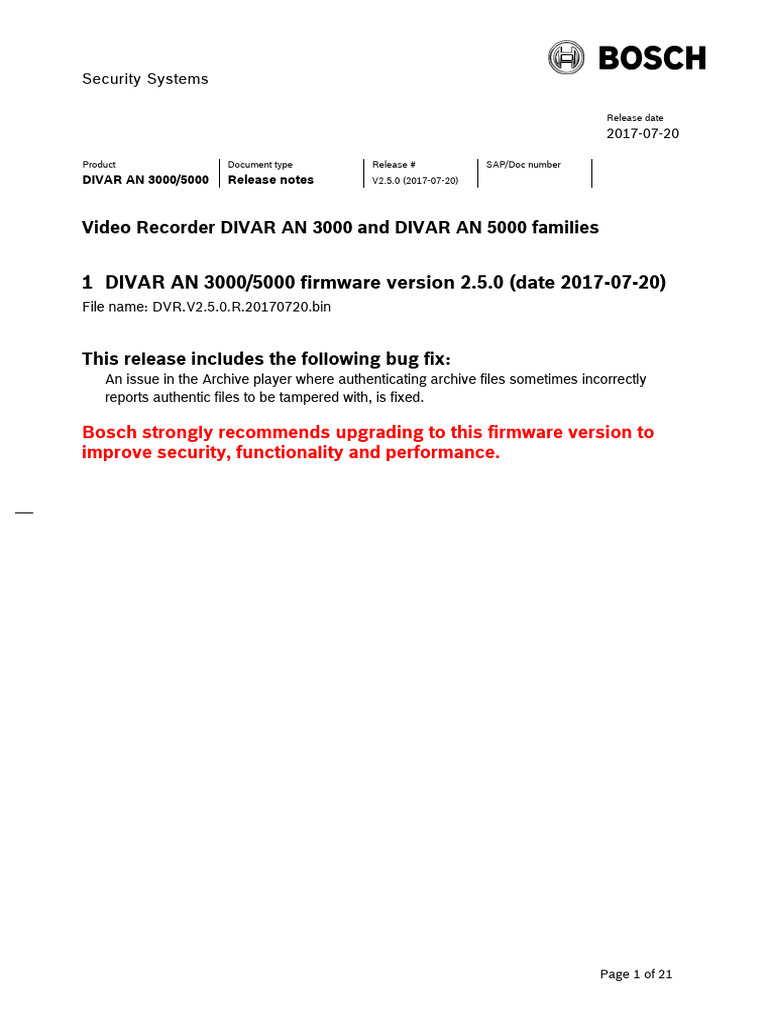 DIVAR 3000 5000 FW v2.5.0 Release Note | PDF | Digital Video Recorder | Games & Activities