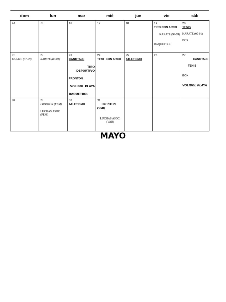 Dom Lun Mar Mié Jue Vie Sáb: Tiro Con Arco Tenis | PDF