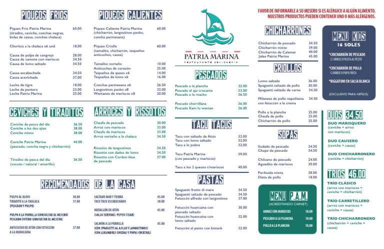 Menú de Cevichería Patria Marina | PDF | Mariscos | Alimentos preparados