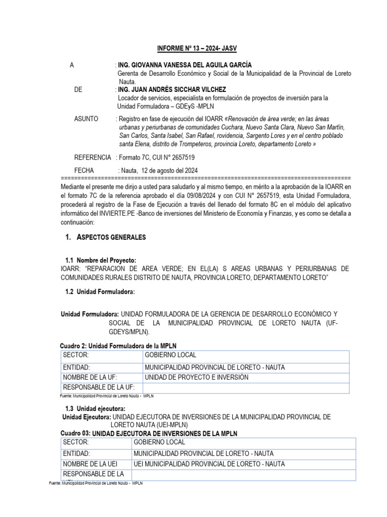 Informe 13-2024 Registro Del Formato 8C IOARR Renov Áreas Verdes Trompeteros | PDF | Economias