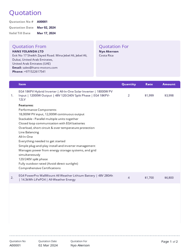 Quotation A00001 Hans Yolanda LTD Nyo Akerson | PDF