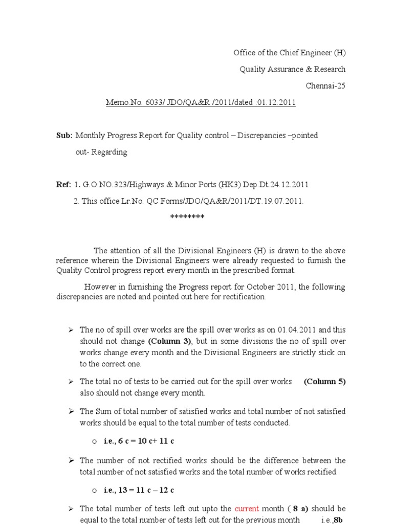 Monthly Quality Control Progress Report Discrepancies Memo: Addressing ...