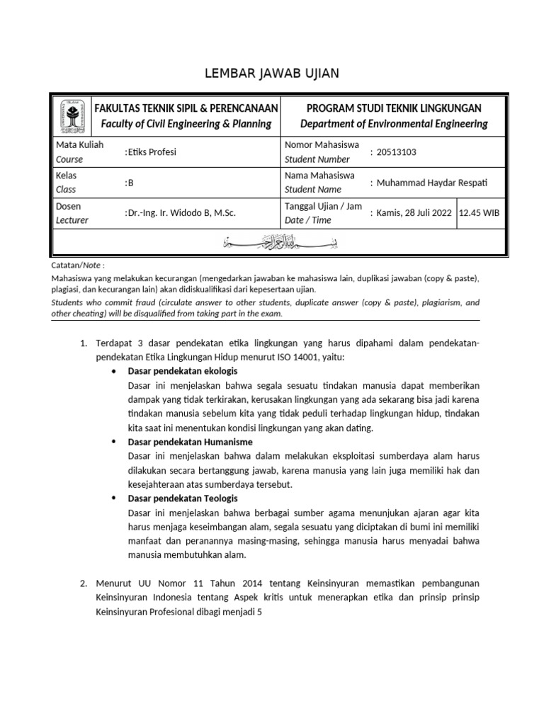 UAS EtProf - Muhammad Haydar Respatis - B | PDF