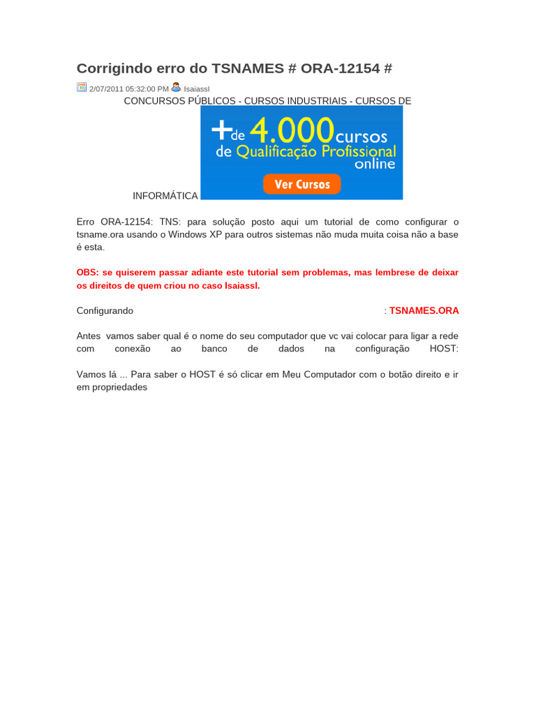 Corrigindo Erro Do TSNAMES | PDF