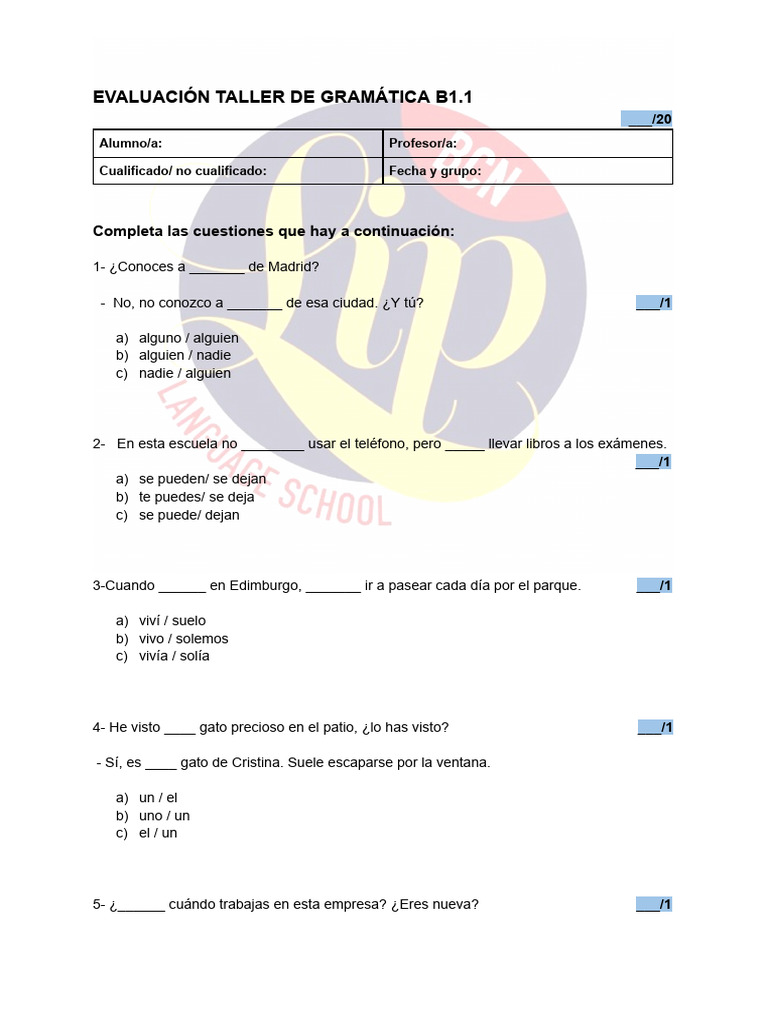 03 Evaluación Taller de Gramática B1.1 | PDF