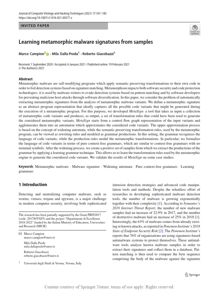 Learning Metamorphic Malware Signatures From Sampl | PDF