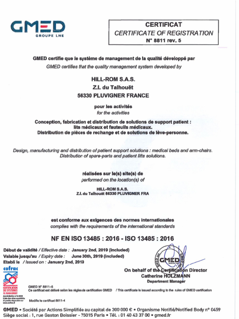 GEN00023 Certificate 8811 NF en ISO13485 - Bed and Chairs | PDF